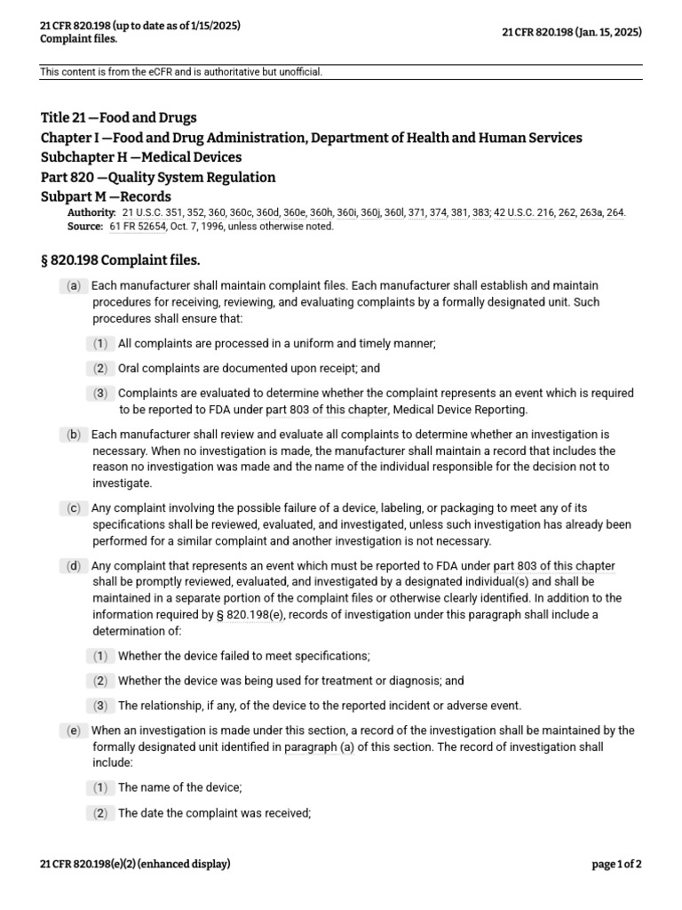 21 CFR 820.198 (Up To Date As of 1-15-2025) | PDF | Complaint | Food ...