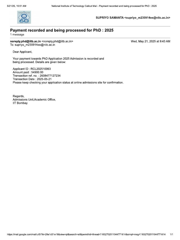 Payment Admission PHD IITBombay | PDF