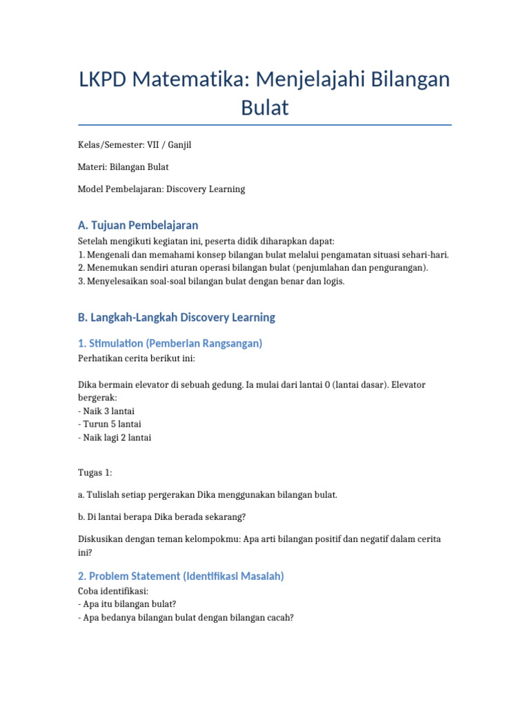LKPD Bilangan Bulat Discovery Learning | PDF