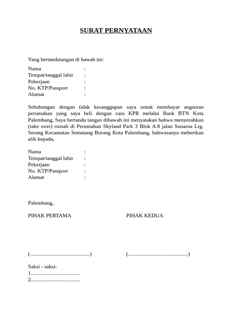 Surat Pernyataan Take Over Rumah | PDF