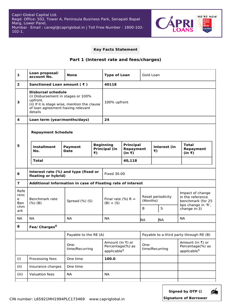 Part 1 (Interest Rate and Fees/charges) : Key Facts Statement | PDF | Loans | Interest