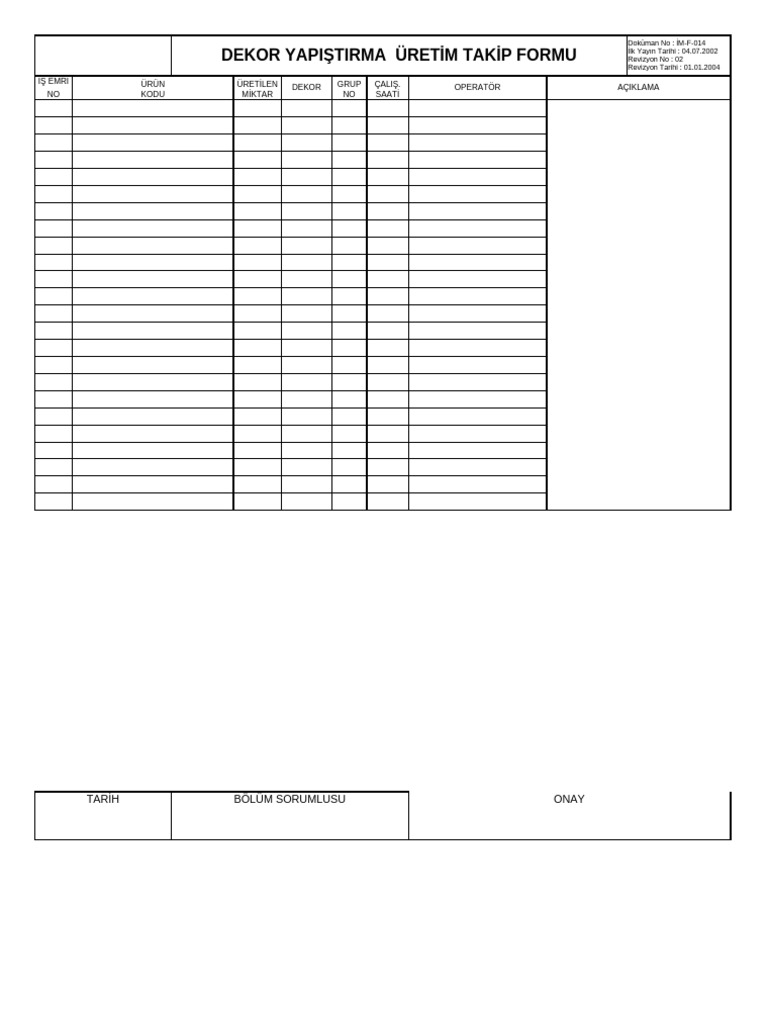 014-İm-F-014 Dekor Yapiştirma Üreti̇m Taki̇p Formu | PDF