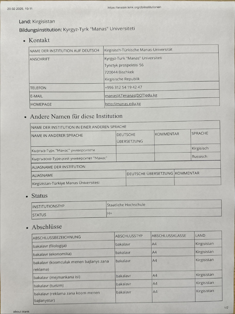 Anabin H+ Manas Universität | PDF