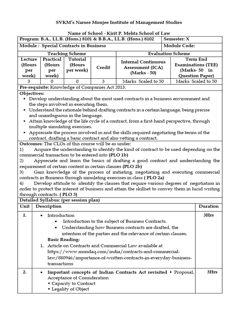 Business Contracts Course Syllabus | PDF | Business | Private Law