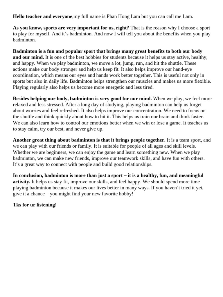Benefits of Playing Badminton | PDF