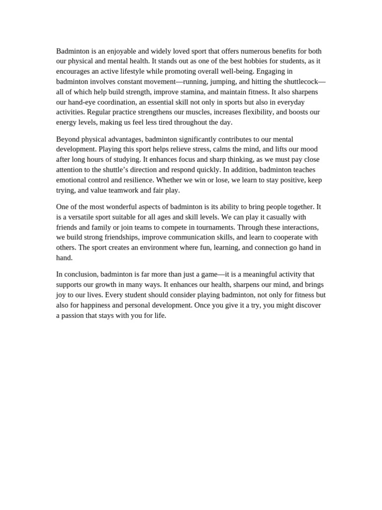 Badminton Essay Advanced | PDF