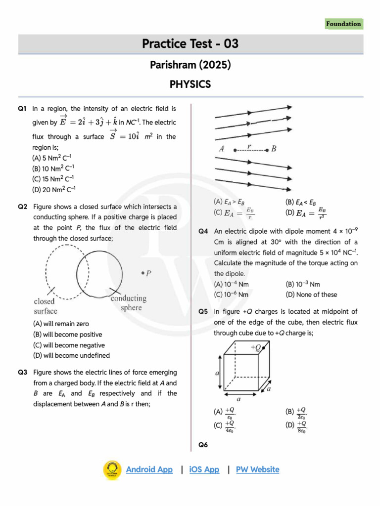 Practice Test - Test Paper (Physics) Class 12 | PDF | Electric Field ...