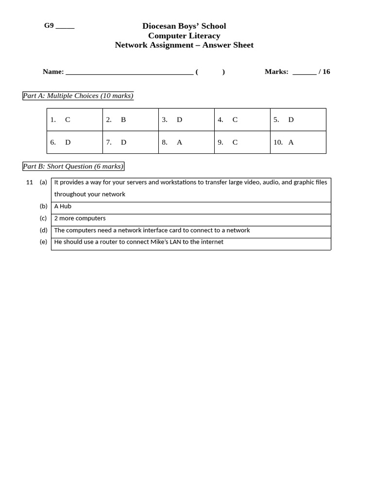 2021 - 2022 G9 Ch4 Network Answer Sheet | PDF