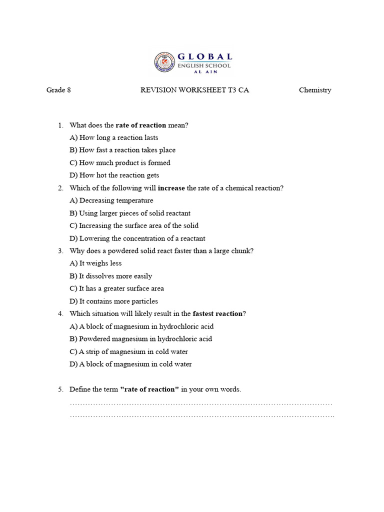 t3 CA Chem Revision Worksheet | PDF | Chemical Reactions | Reaction Rate
