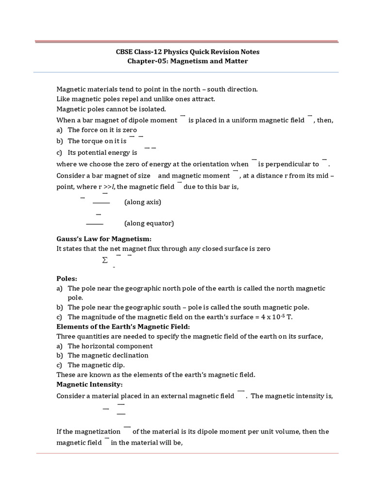 12 Physics Notes Ch05 Magnetism and Matter | PDF | Magnetic Field ...