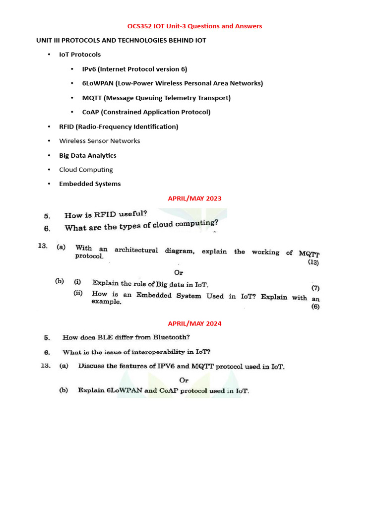 OCS352 IOT Unit-3 Questions and Answers | PDF