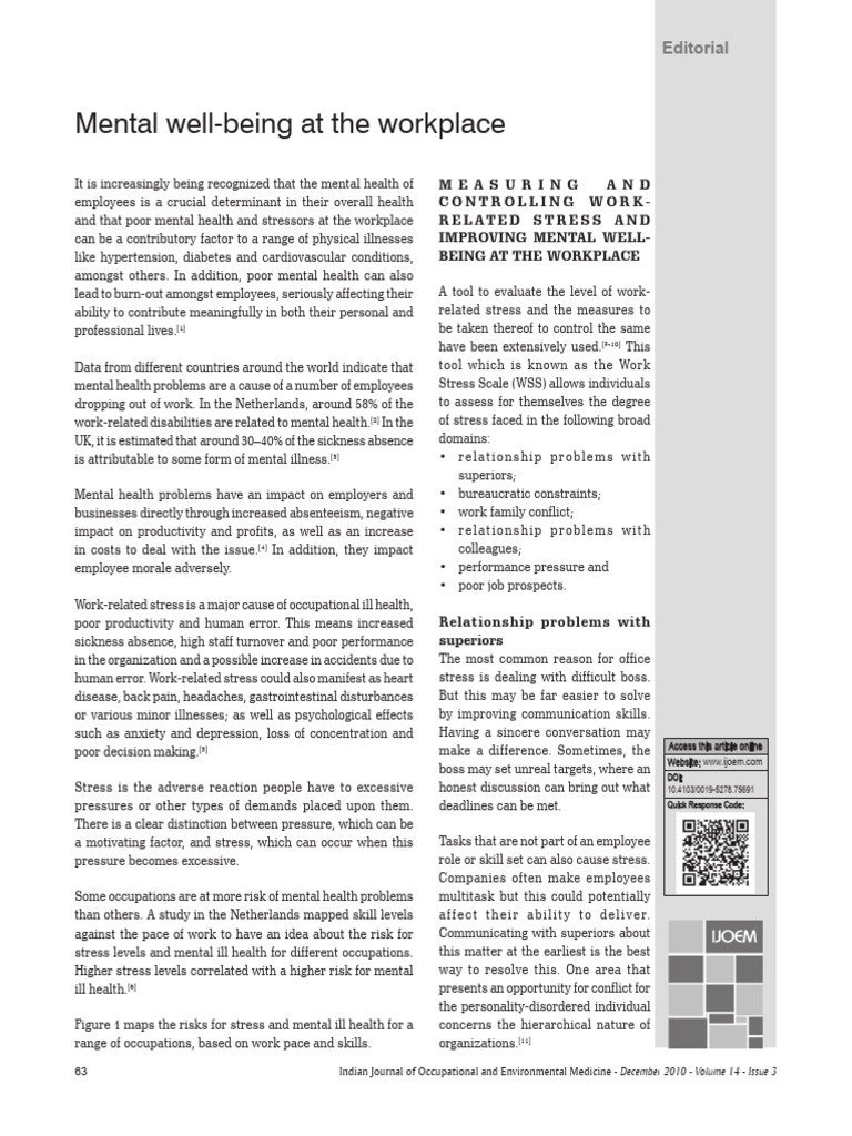 Mental Well Being at The Workplace.1 | PDF | Occupational Stress ...