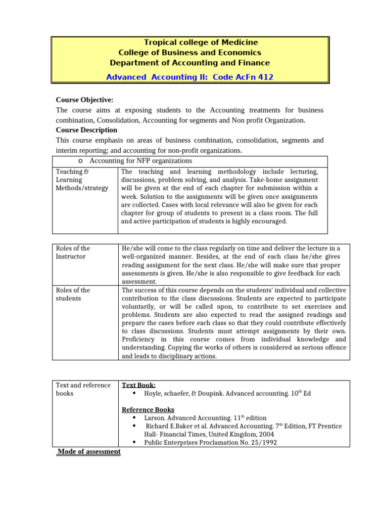 Advanced Accounting II Course Outline | PDF | Learning