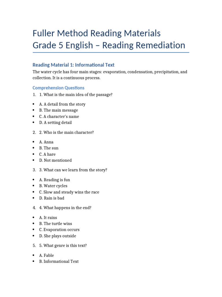Fuller Method Grade5 Reading Remediation | PDF | Reading Comprehension ...