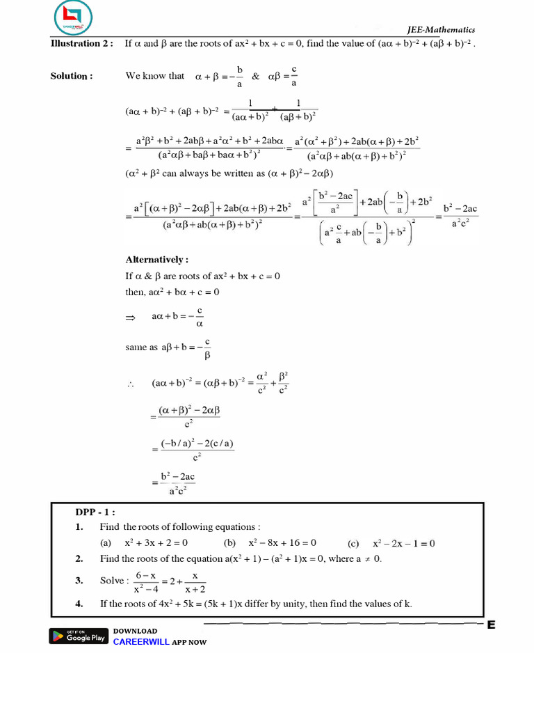 Sheet - 01 - Quadratic Equation | PDF | Quadratic Equation | Equations