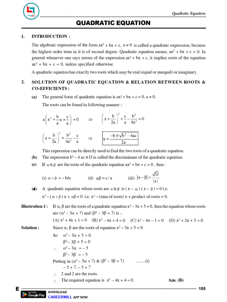 Sheet - 01 - Quadratic Equation | PDF | Quadratic Equation | Algebra