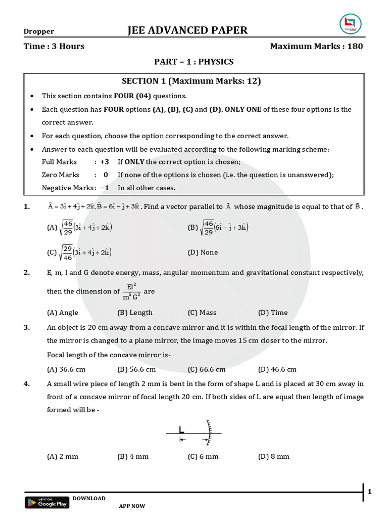 JEE Advanced Test-1 (Paper-1) - 25-May-2025 | PDF