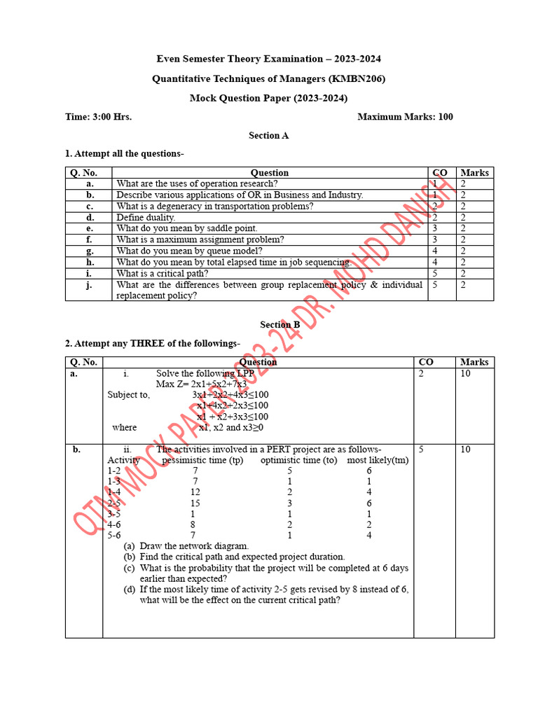 QTM Mock Paper - 2023-2024 | PDF | Applied Mathematics