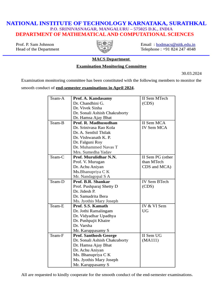 NIT Karnataka Examination Monitoring Teams | PDF