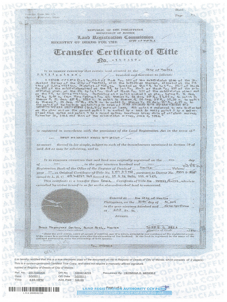 RM Annex Land Title No. 112357 - 504.70sqm | PDF