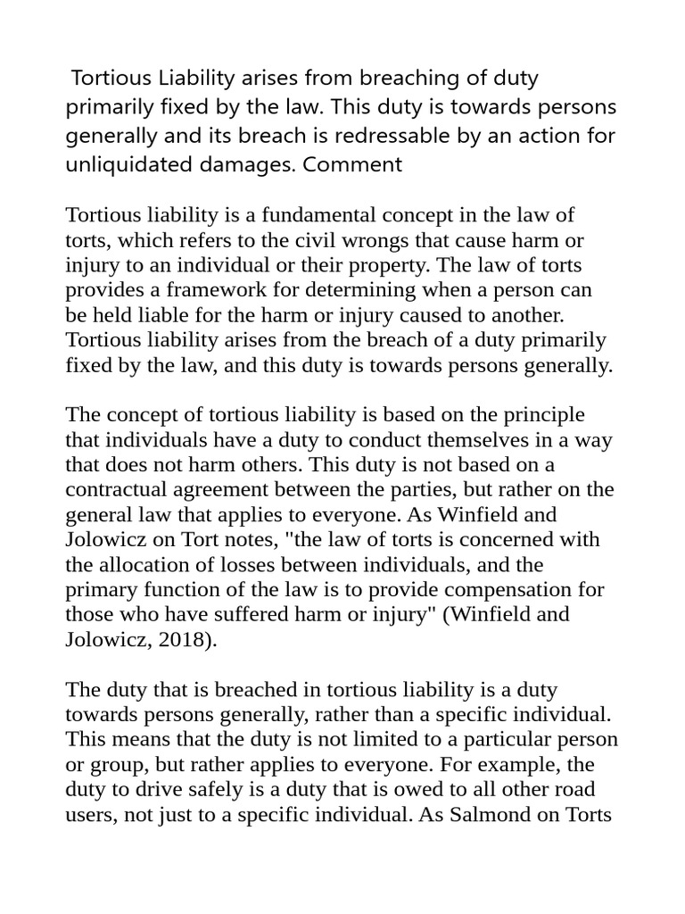 Tortious Liability Arises From Breaching of Duty Primarily Fixed by the ...