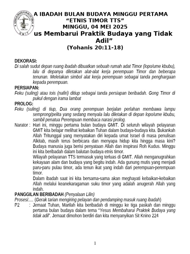 Bulan Budaya GMIT Minggu 4 Mei 2025 (Etnis Timor) | PDF