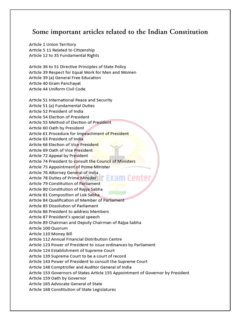 Key Articles of the Indian Constitution | PDF | Government | Justice