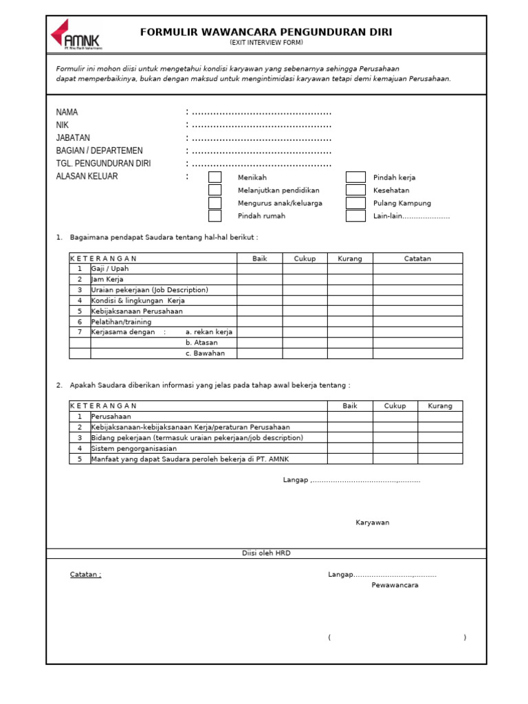 AMNK-F-HRD-017-R0 Form Interview Pengunduran Diri | PDF