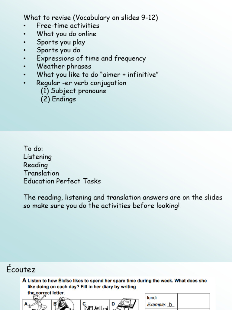Year 7 French Assessment Revision Due 23rd February | PDF