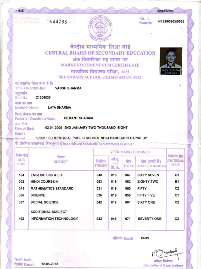 Class X Certificate | PDF