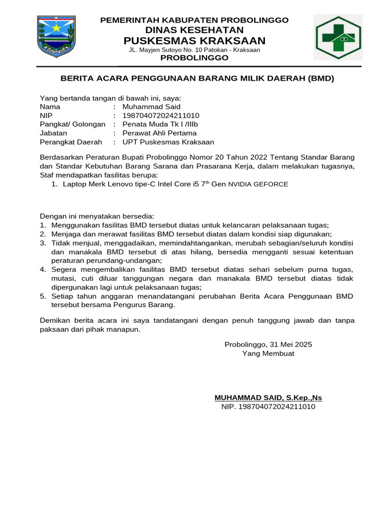 Contoh Berita Acara Penggunaan BMD Staff | PDF