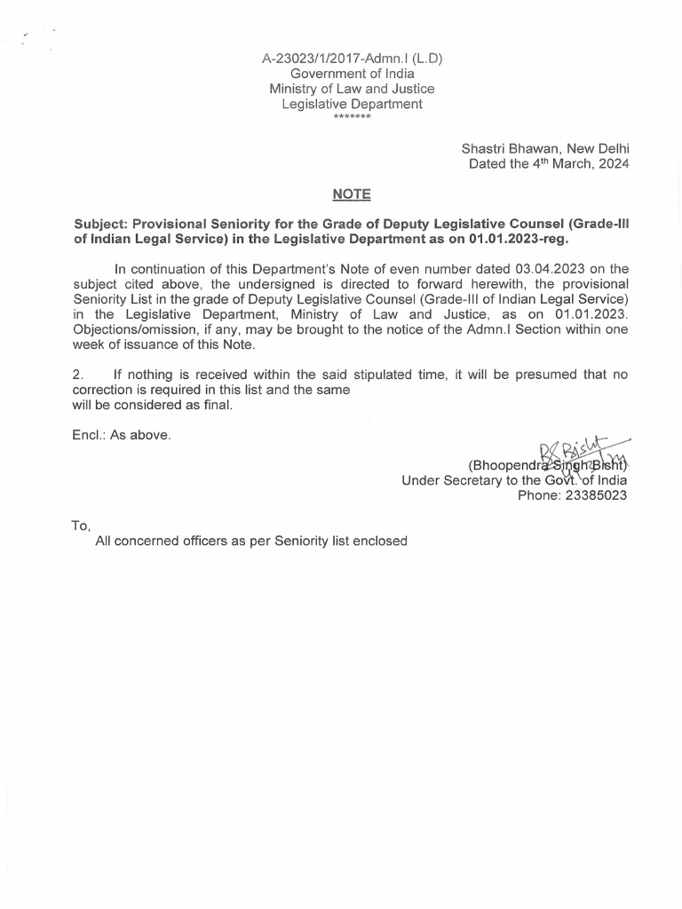 Seniority Lists For The Posts of Deputy Legislative Counsel | PDF | Government Of India