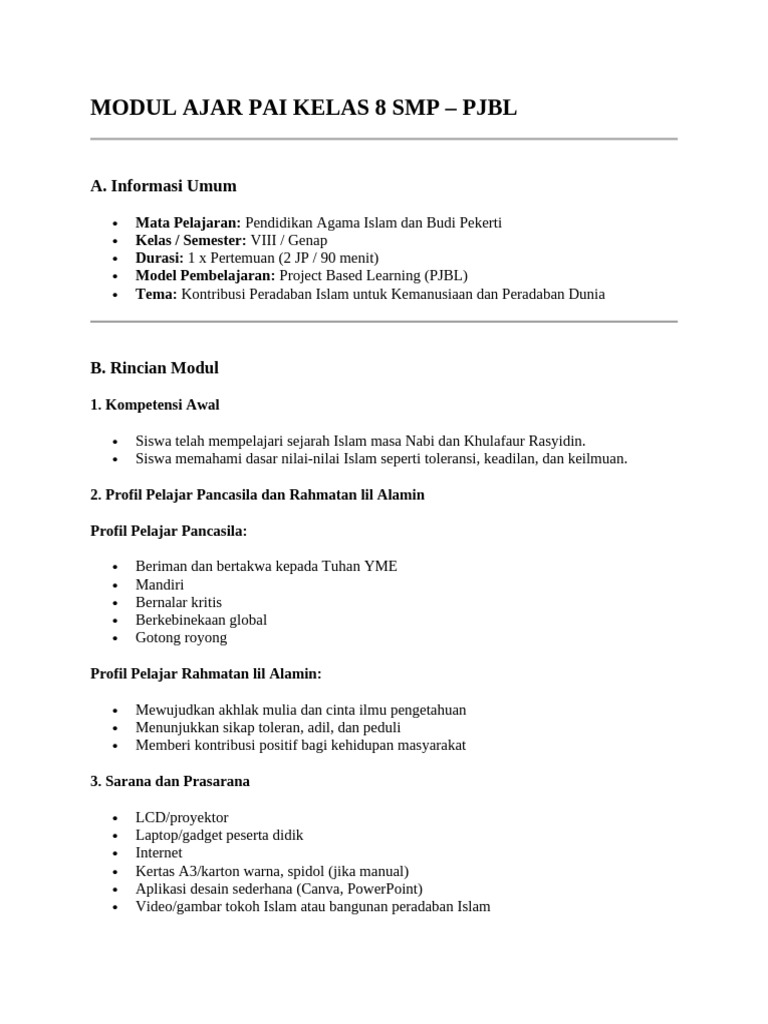 Modul PJBL PAI Kelas 8 SMP | PDF