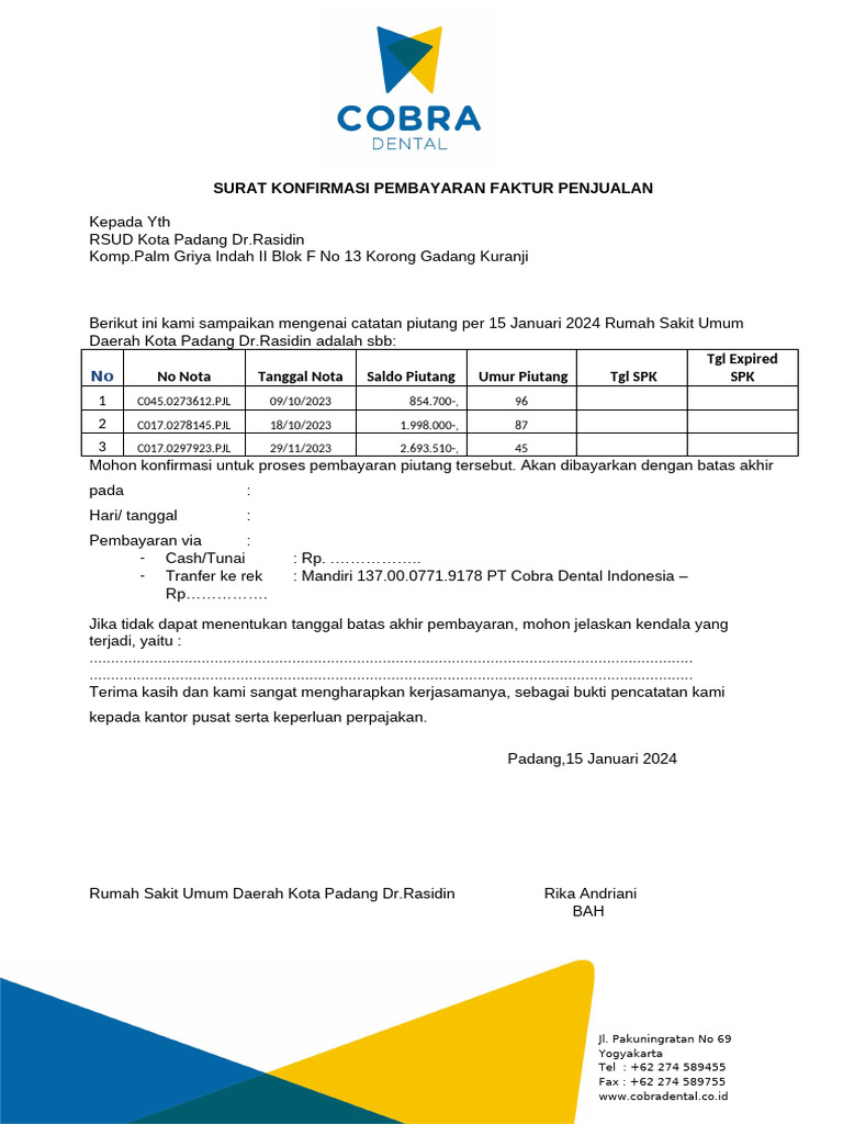 c017 - Surat Konfirmasi Pembayaran 2024 An - Rsud DR - Rasidin Padang | PDF