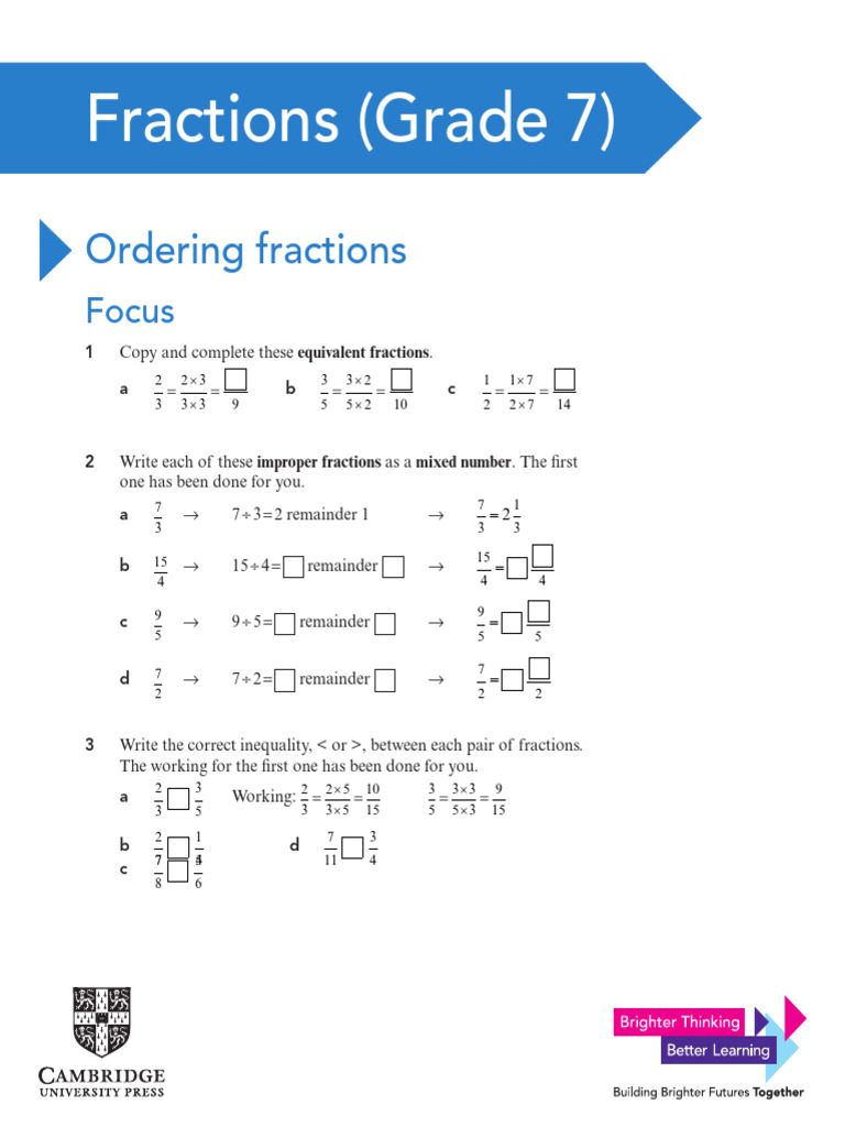 Grade 7 Fractions Worksheet - Cambridge | PDF | Arithmetic | Elementary ...