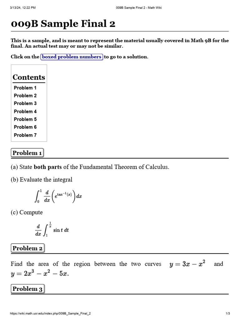 009B Sample Final 2 - Math Wiki | PDF