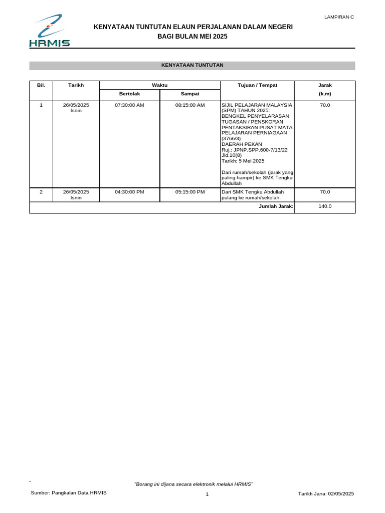 Contoh Ayat - Pengisian HRMIS Tuntutan Mei 2025 (PP SPM Perniagaan) | PDF