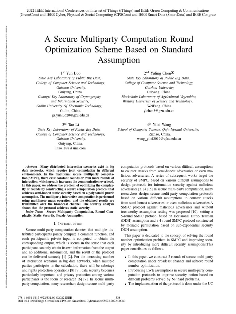 A Secure Multiparty Computation Round Optimization Scheme Based On Standard Assumption | PDF ...