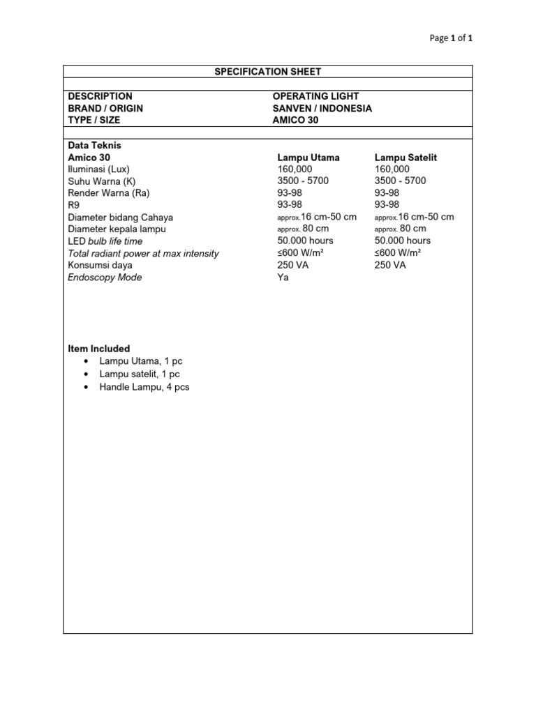 Specification Sheet Description Operating Light Brand / Origin Sanven ...