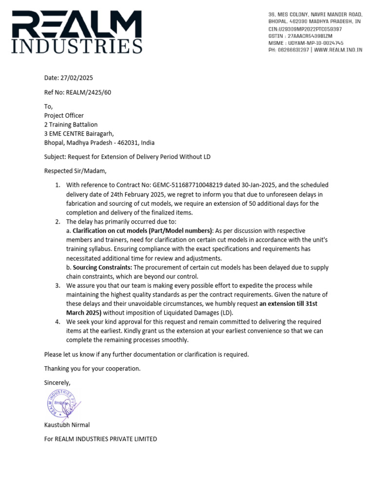 Extension of Delivery Period | PDF