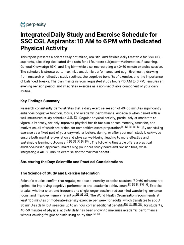 Integrated Daily Study and Exercise Schedule For S | PDF | High ...