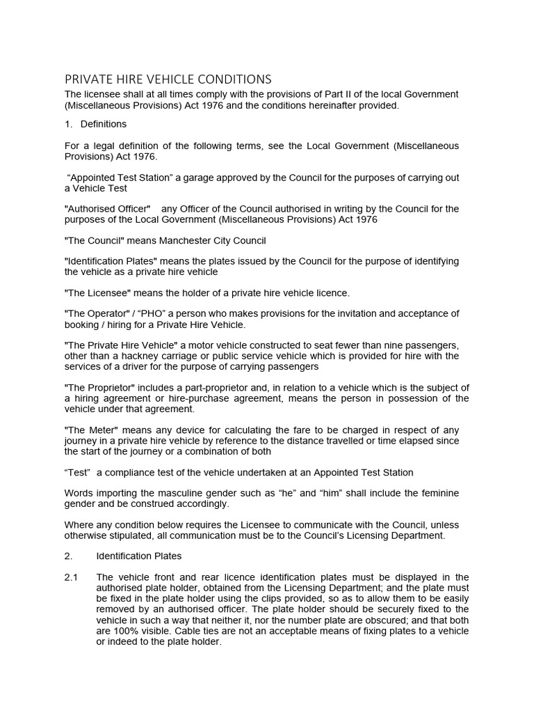 Private Hire Vehicle Licensing Conditions | PDF | License | Motor Vehicle