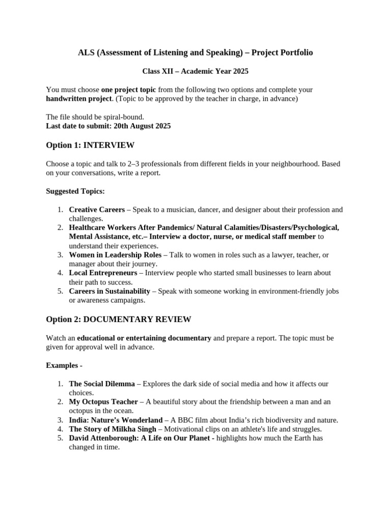 Class XII ALS Project Guidelines 2025 | PDF | Human Communication ...