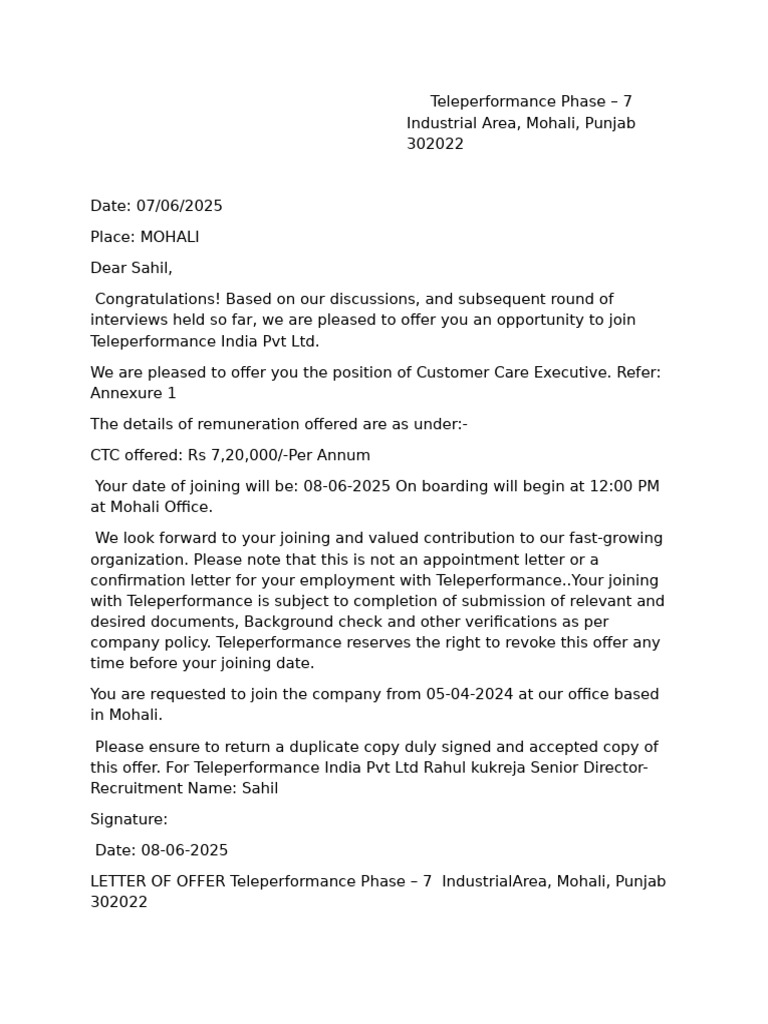 Offer Letter Teleperformance | PDF