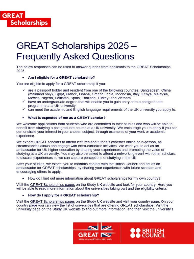 Great Scholarships 2025 Faqs | PDF | University | Postgraduate Education