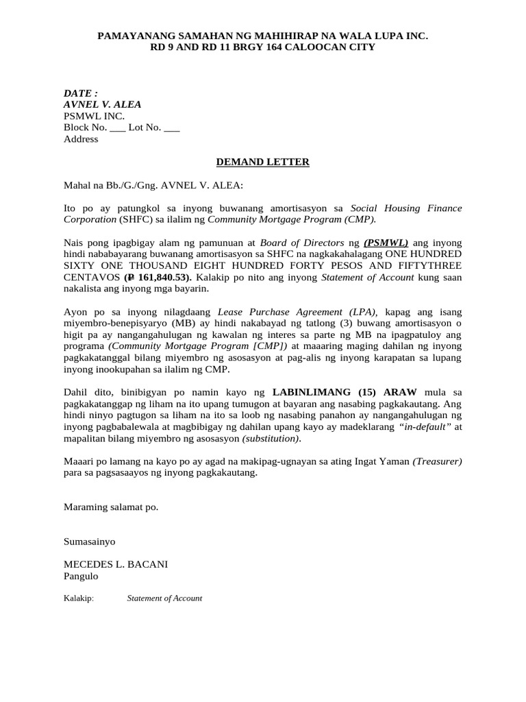 Demand Letter of HOA Tagalog | PDF