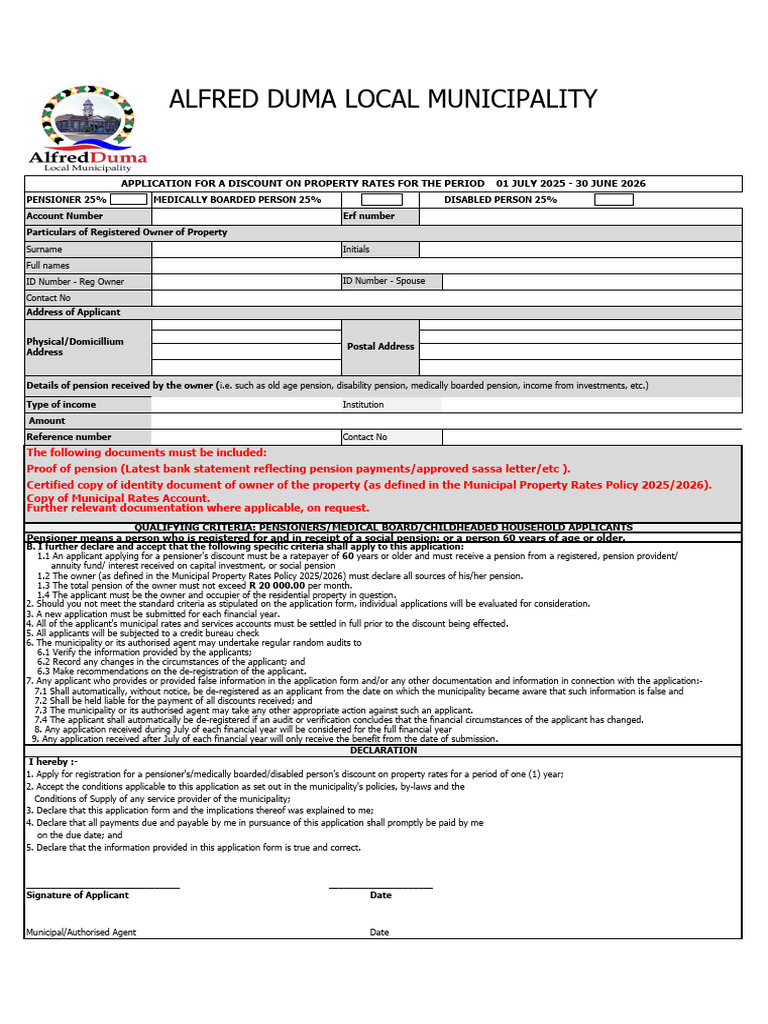 Ekurhuleni Pensioner Rates Rebate Form | PDF | Pension | Financial Services