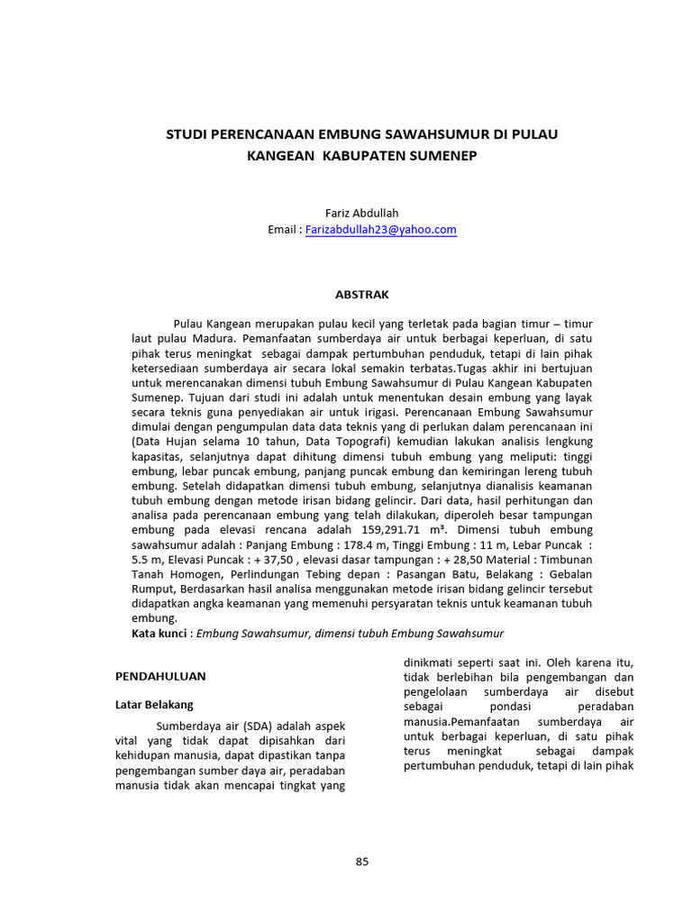 Perencanaan Embung Sawahsumur Kangean | PDF