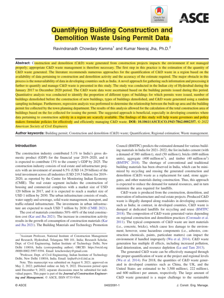 Quantifying Building Construction and Demolition Waste Using Permit Data | PDF | Waste | Waste ...