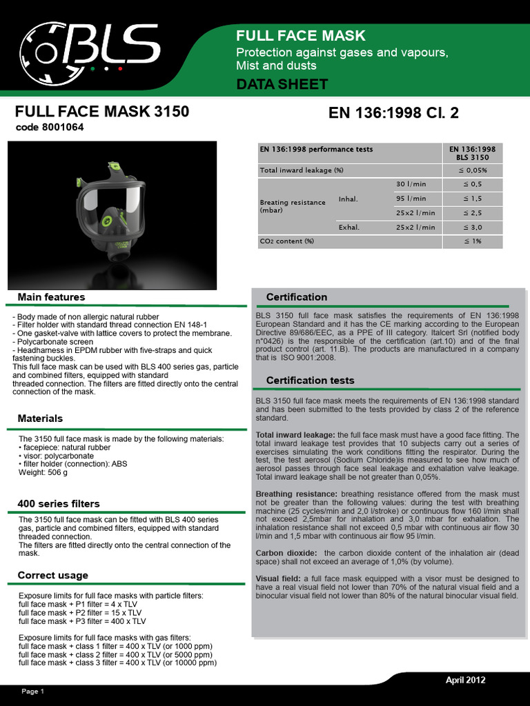 BLS 3150 Full Face Respirator Mask Datasheet | PDF